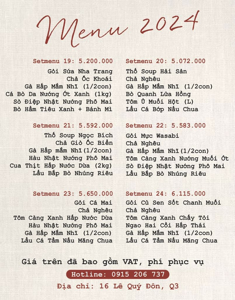 Khám Phá Menu Quán Khoái Quận 3 24 Setmenu Hải Sản, Gà Hấp, Lẩu Đặc Sản - Menu Quán